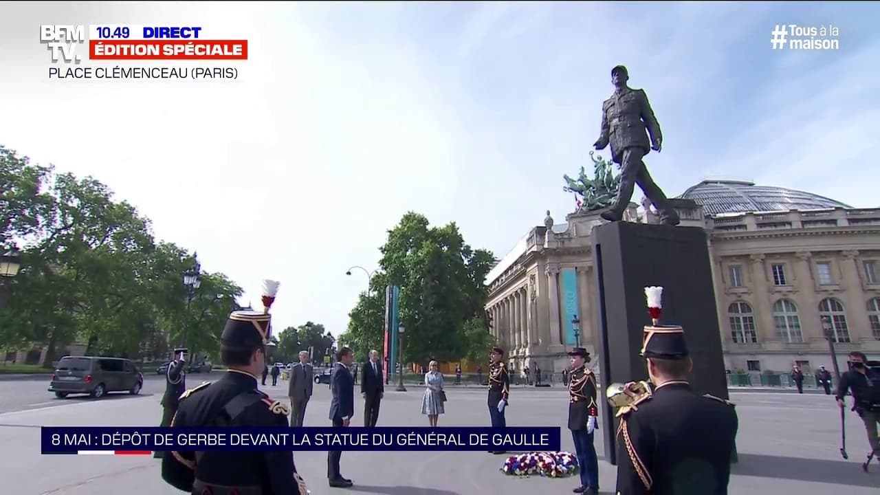 8-mai: Emmanuel Macron dépose une gerbe de fleurs devant la statue du ...