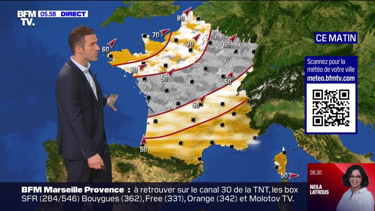Un ciel perturbé avec de la pluie et de l'orage au nord, un temps plus ...