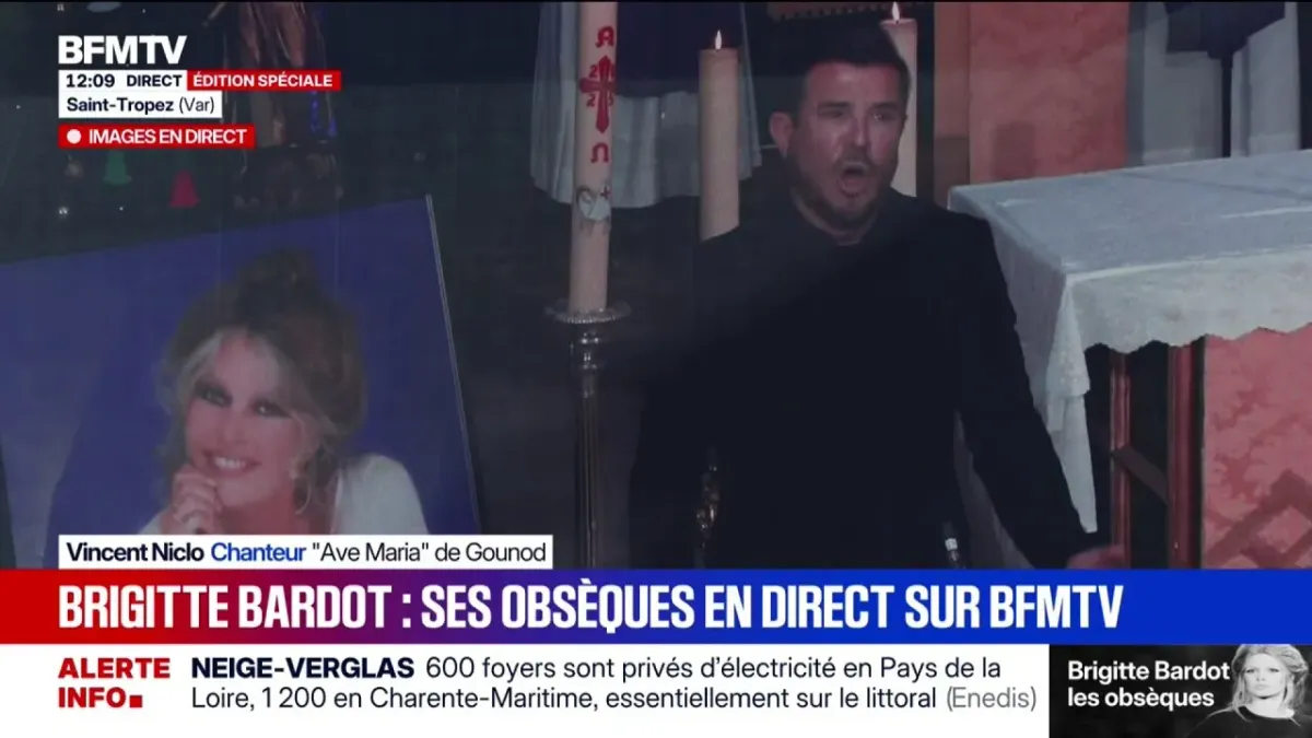 Obsèques de Brigitte Bardot: Vincent Niclo chante l'"Ave Maria" dans l'église Notre-Dame de l ...
