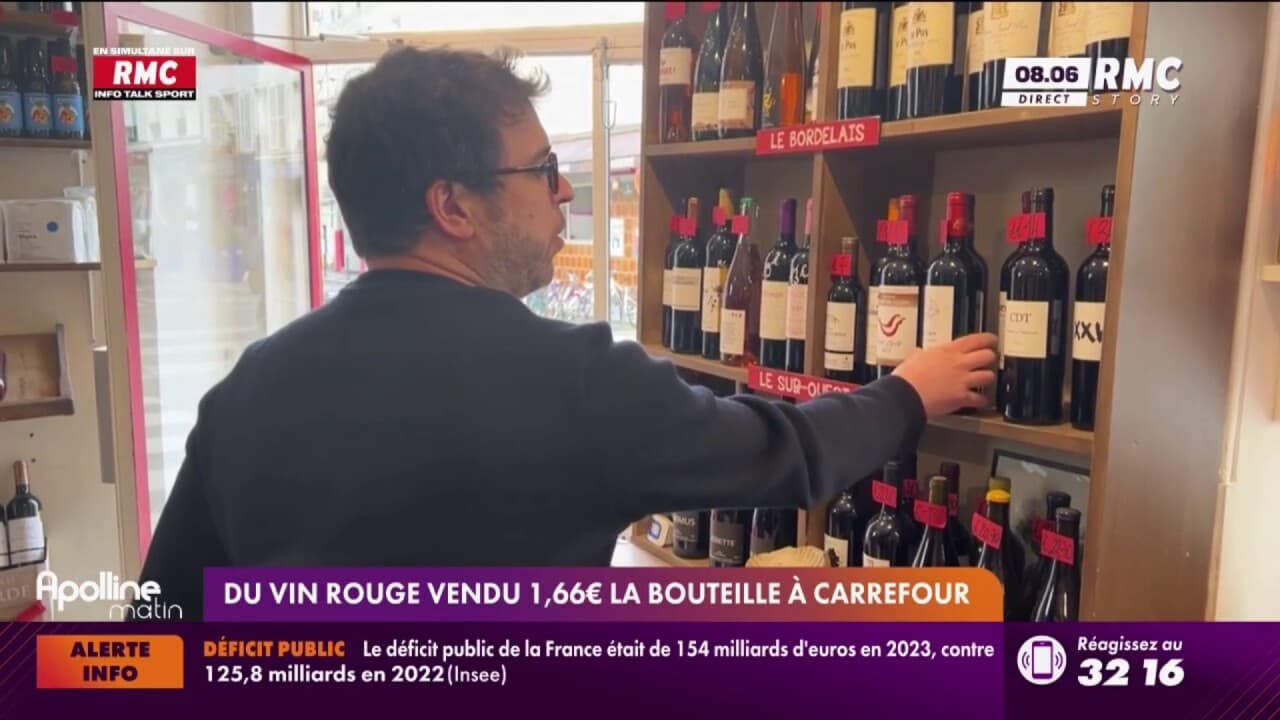Du vin rouge vendu 1,66 € la bouteille à Carrefour