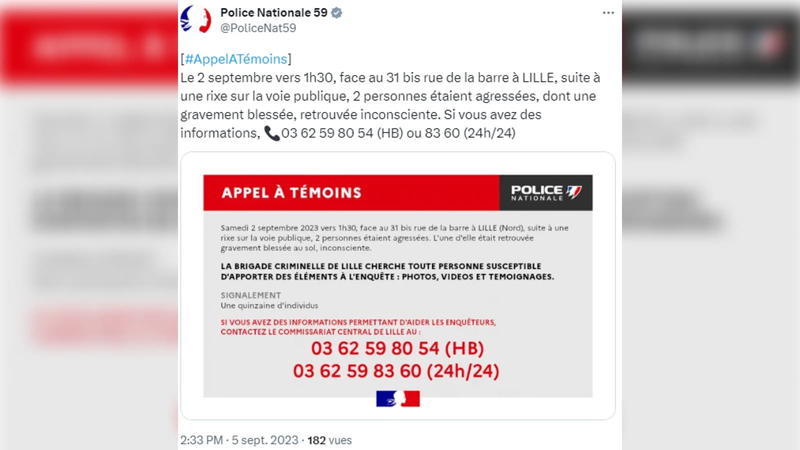 Lille: la police lance un appel à témoins après une violente agression ... Lille: la police lance un appel à témoins après une violente agression ...