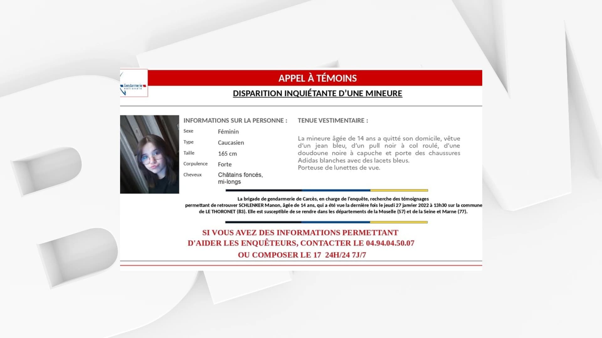 Var: la gendarmerie lance un appel à témoins après la disparition inquiétante d'une adolescente
