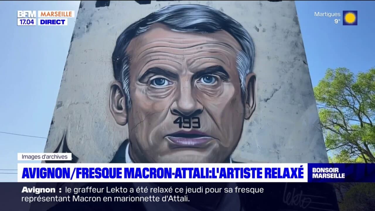 Fresque représentant Macron en marionnette d'Attali à Avingon: le ...