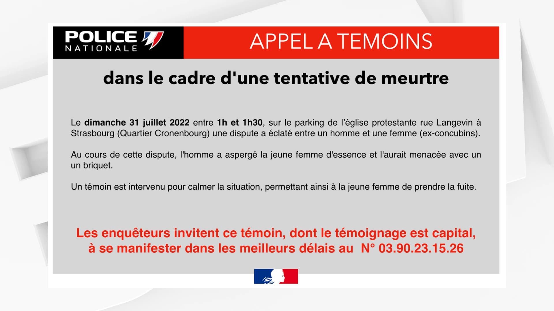 Tentative de meurtre à Strasbourg: fin de l'appel à témoins