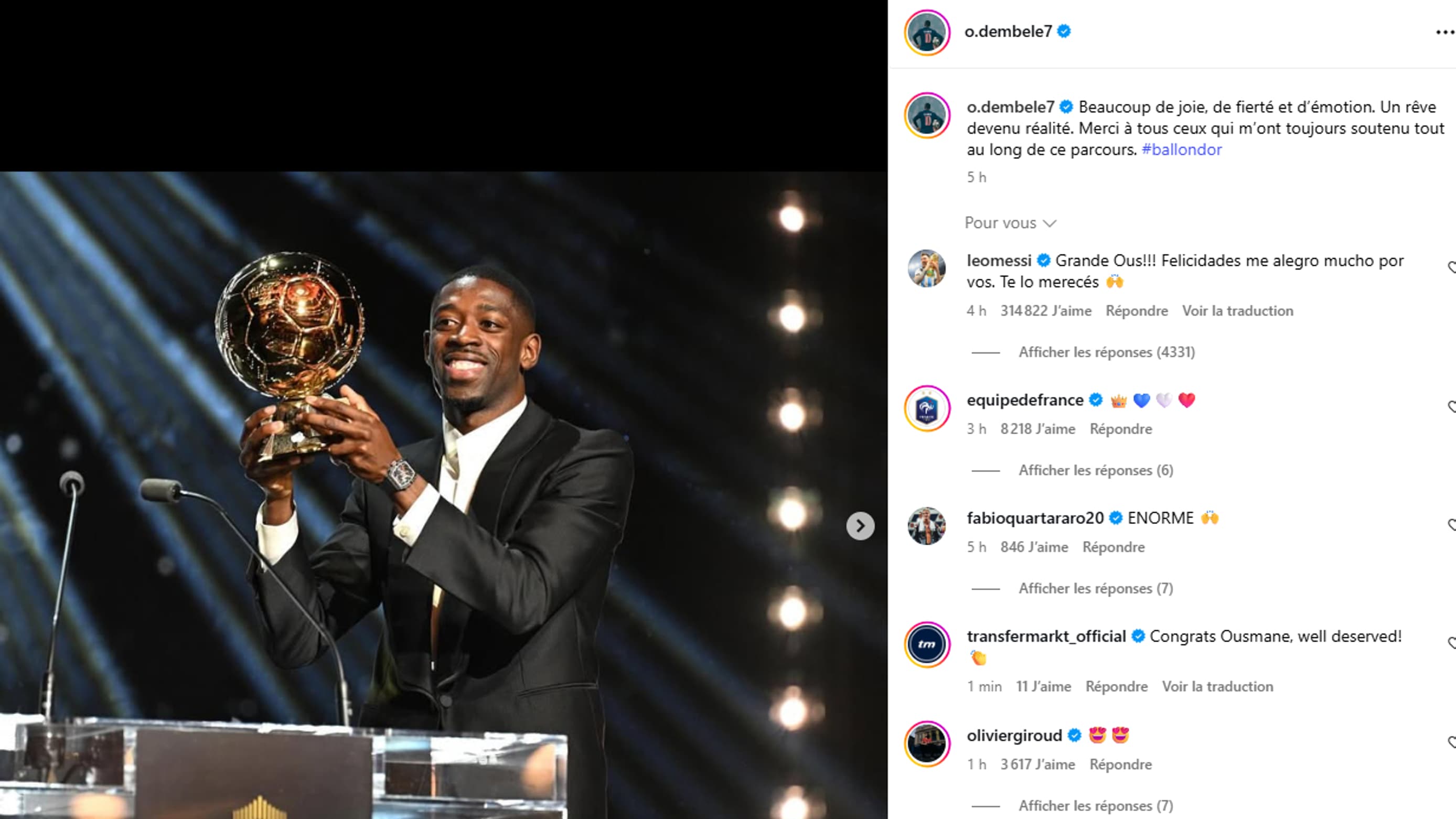 "Grande Ous!", le message enflammé de Lionel Messi pour le Ballon d’or ...