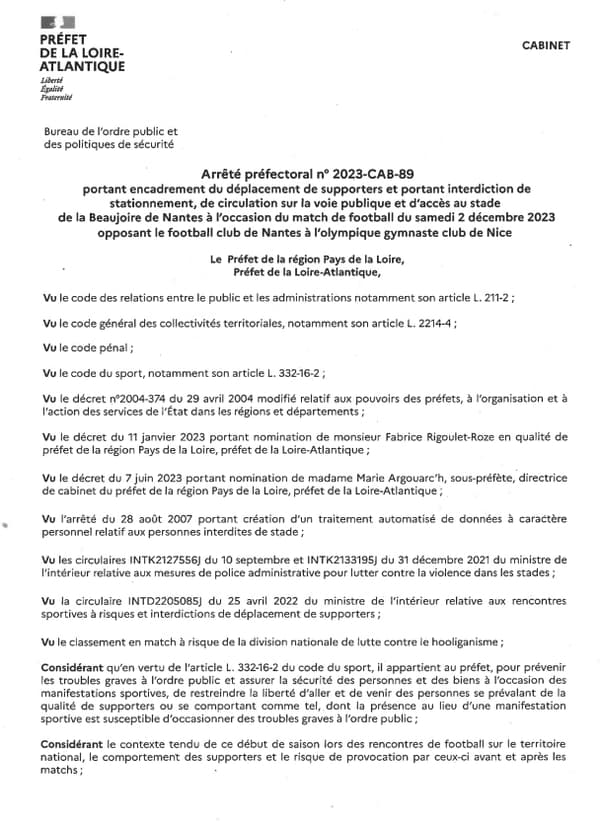 Mort d'un supporter avant Nantes-Nice: l'arrêté préfectoral n'aurait ...