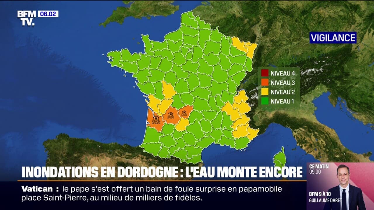Inondations en Dordogne: l'eau de la Vézère monte encore à Montignac-Lascaux