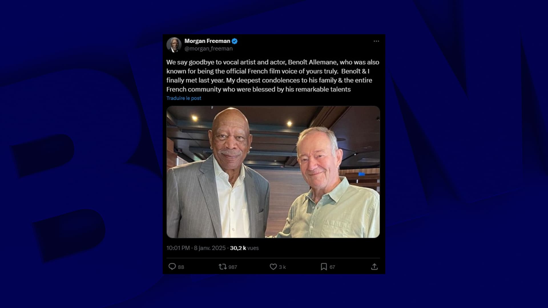 Mort de Benoît Allemane: Morgan Freeman rend hommage à son doubleur ...