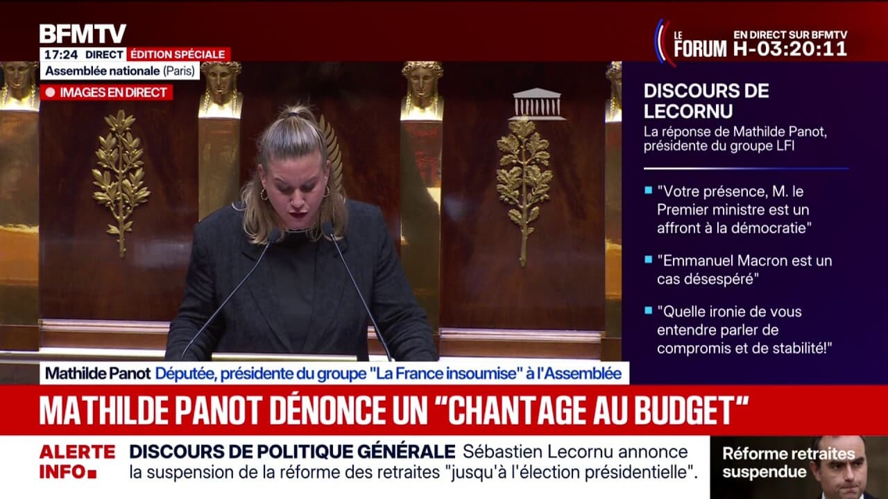 Discours de politique générale: Mathilde Panot, présidente LFI, dénonce "un chantage au budget"