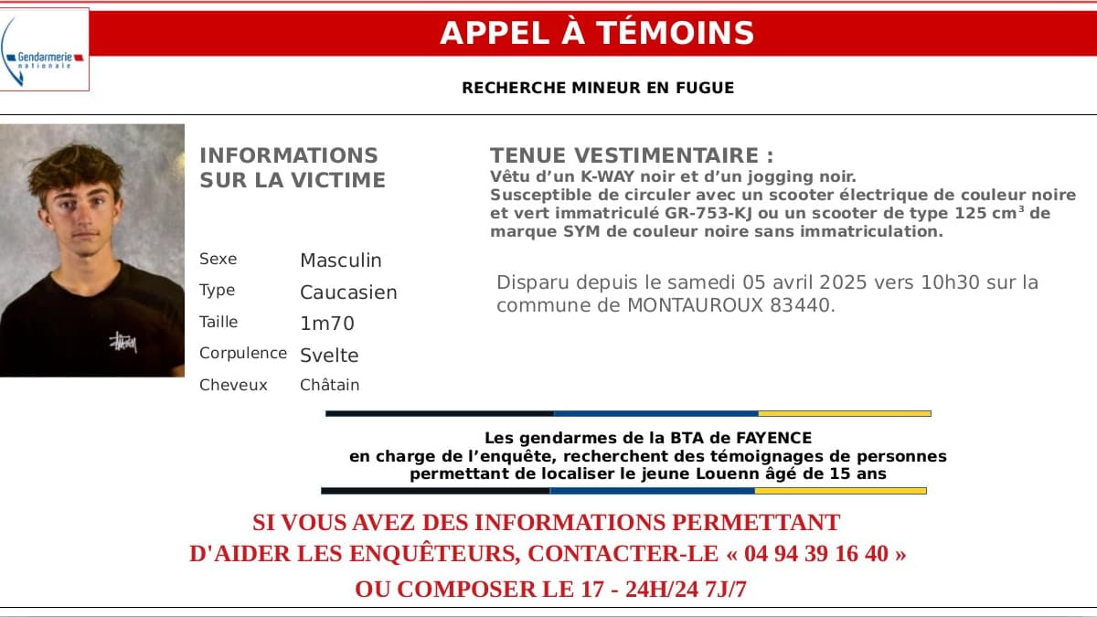 Var: la gendarmerie lance un appel à témoins après la fugue d'un adolescent de 15 ans
