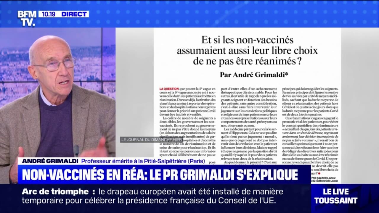 Non-vaccinés en réanimation: le Pr André Grimaldi s'explique sur BFMTV ...
