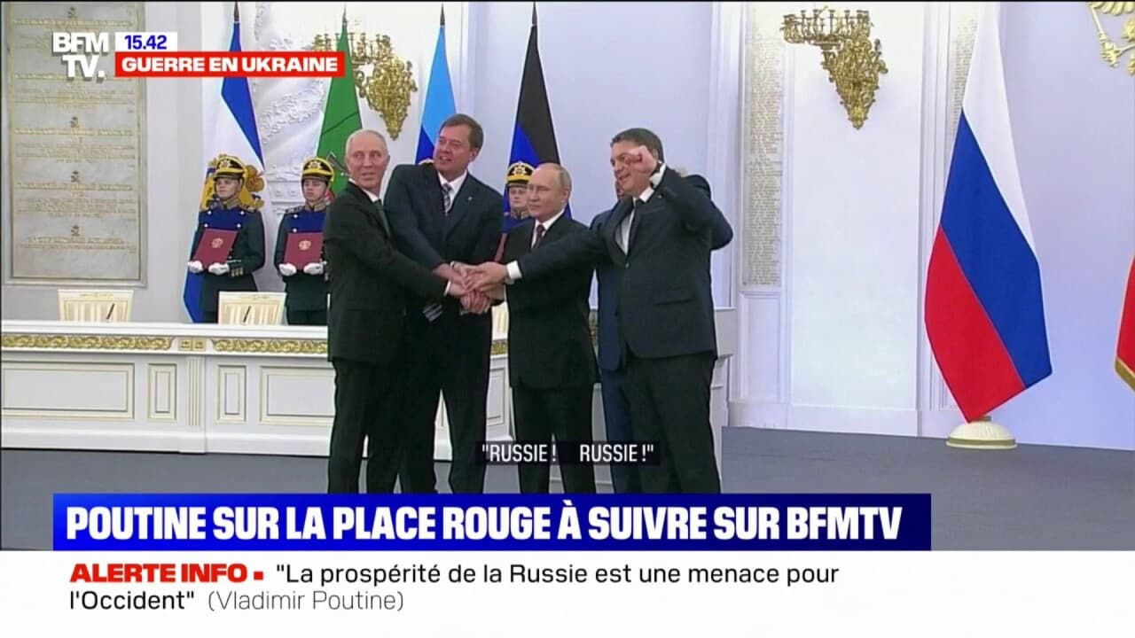 Vladimir Poutine et les dirigeants prorusses se prennent par les mains ...
